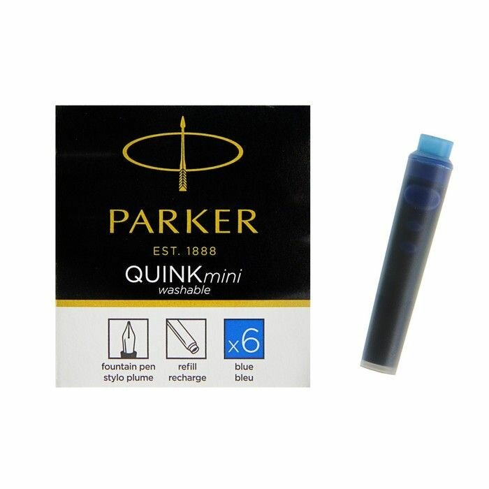 Картриджи чернильные Parker Мини Cartridge Quink, комплект 6 штук, смываемые, синие (1950409)