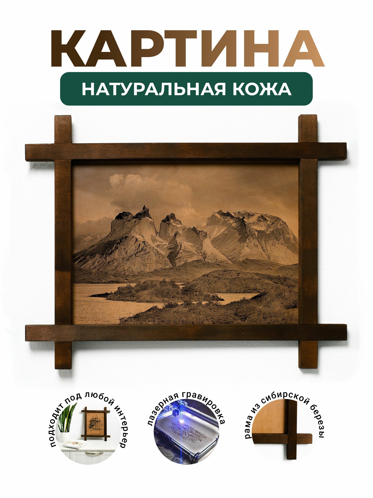 Интерьерная картина из натуральной кожи "Патагония, Чили", декоративное настенное панно в деревянной раме, BoomGift