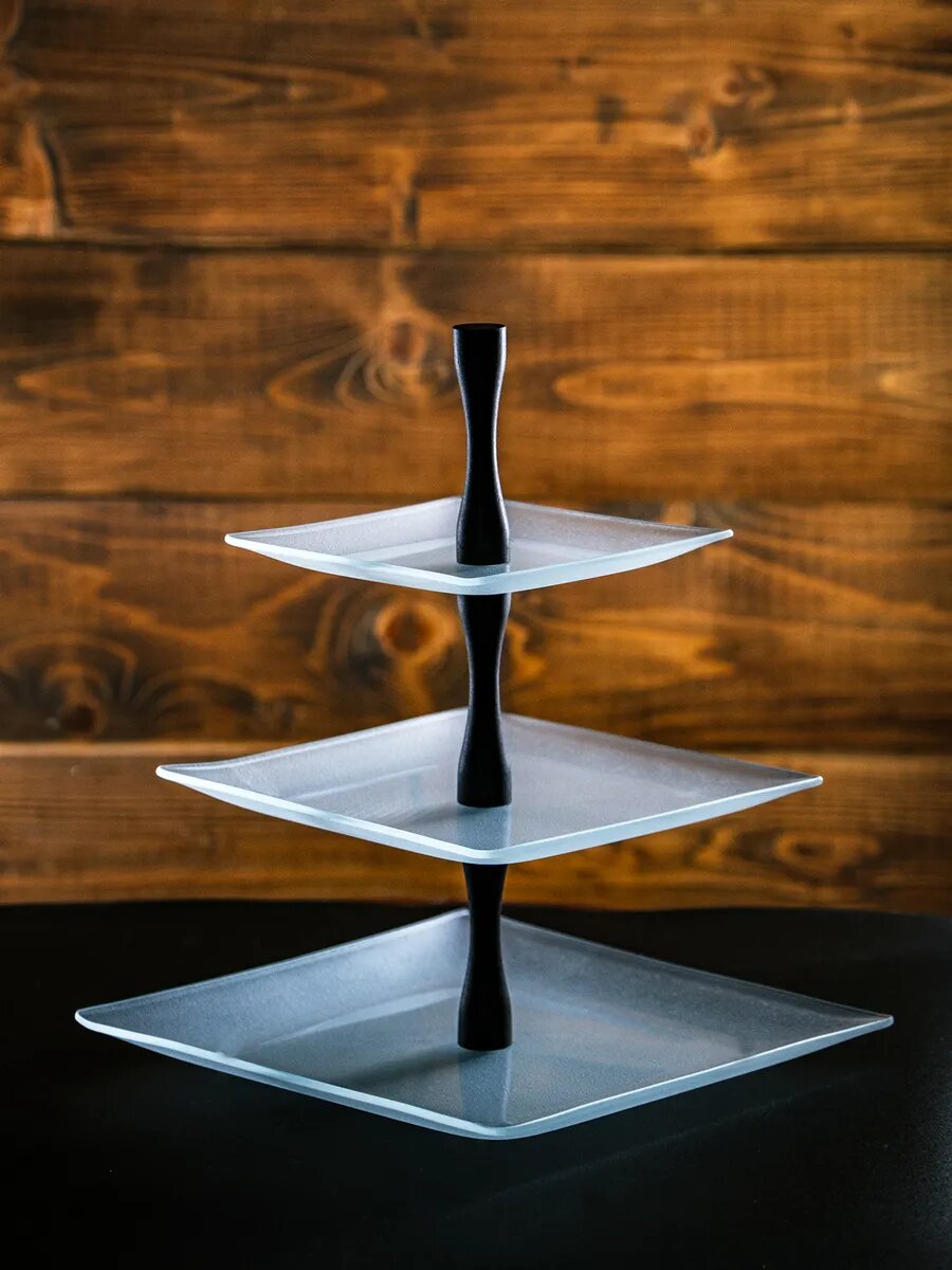 Фруктовница Home Glowe, ярусная, 3 уровня, прозрачная, стеклянная, на деревянной ножке