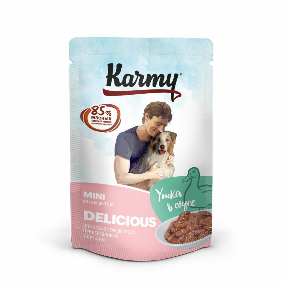 Karmy Delicious Mini Корм консервированный для собак мелких и миниатюрных пород старше 1 года, привередливых в питании, Утка в соусе, 80г х 12, пауч