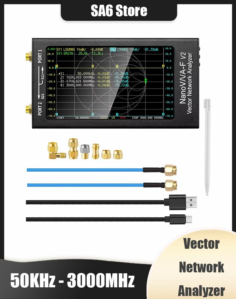 SA6 V2 50 кГц-3 ГГц векторный анализатор цепей КВ УКВ УКВ VNA 4.3 Сенсорный экран 5000 мАч Высокоточный антенный анализатор 5000 мАч