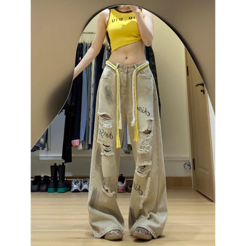 Женские джинсы Версия повышения Американские кахевые рваные — осенние прямые широкие полные штаны