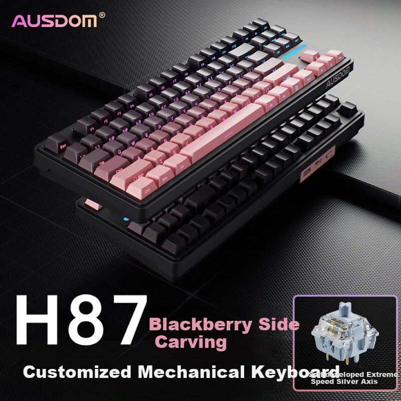 AUSDOM H87 Customized Mechanical Keyboard Wireless Bluetooth Gasket Customized 6-Layer Filling Side Engraving Gaming E-sports Office 10000mAh Blackberry Pink Side Engraving Speed Silver Switch