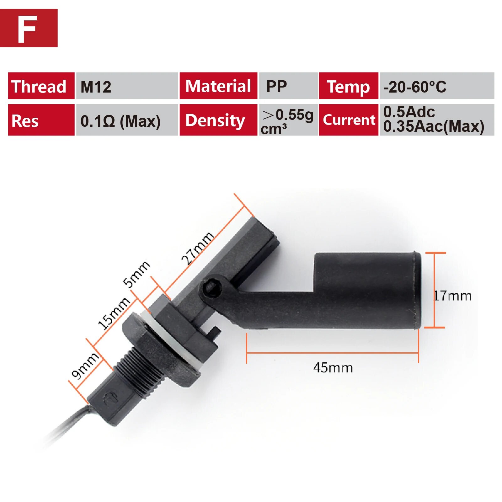Датчик уровня жидкости CERTEON M12, PP, F, 0-110V
