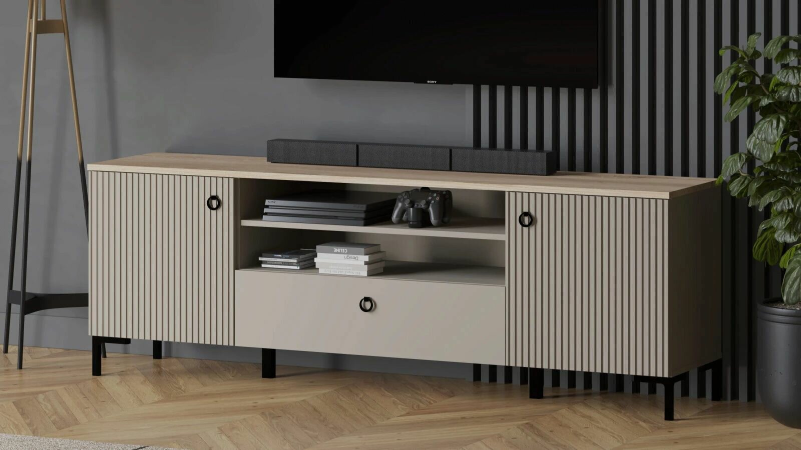 Тумба двухдверная с ящиком Askona (Аскона) Zima (Зима) 184х63х41 Дуб сильверджек ореховый+Глиняный серый