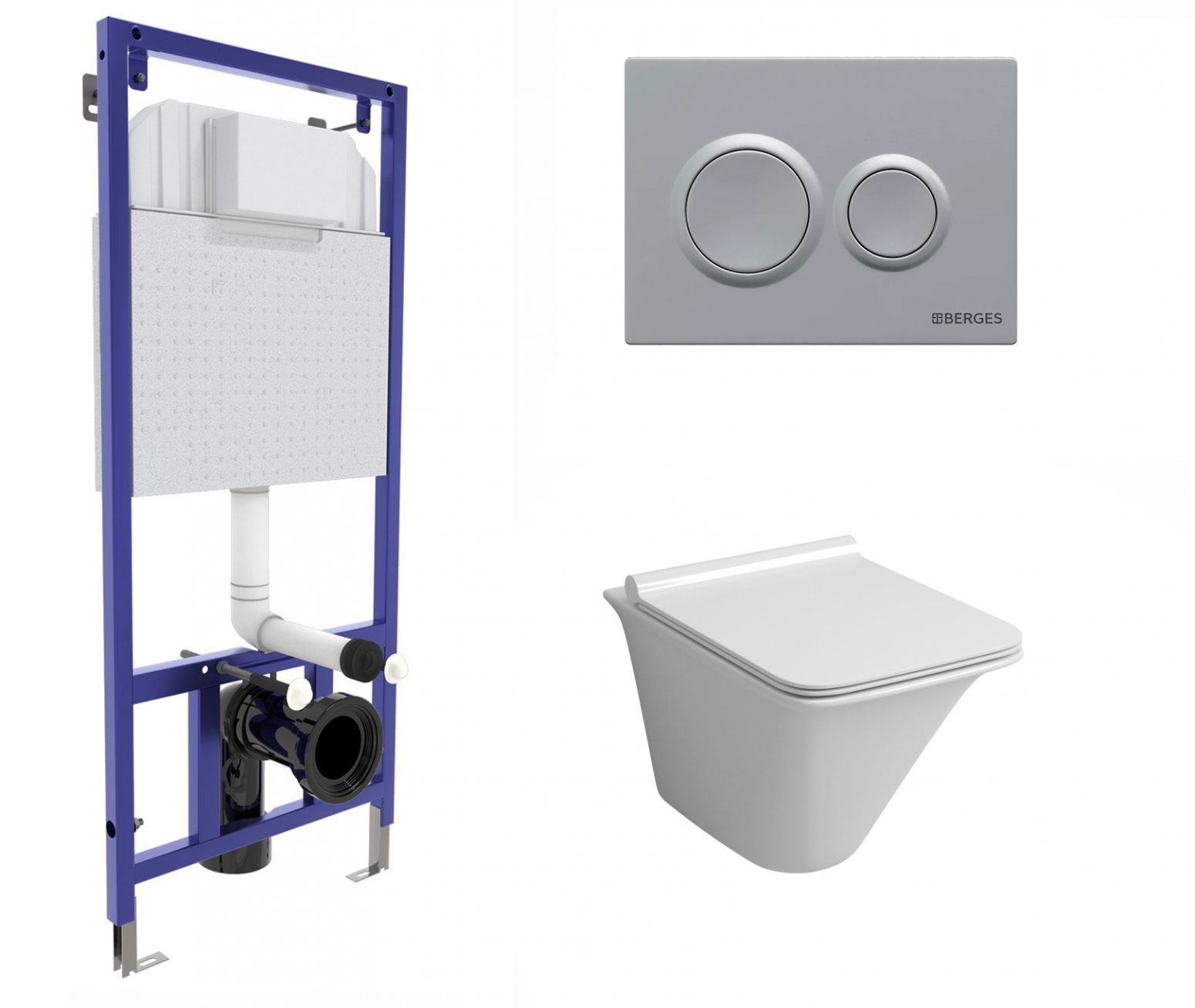 Комплект 3 в 1 инсталляция Berges Novum O2 + Унитаз подвесной Grossman GR-4413S с кнопкой матовой хром