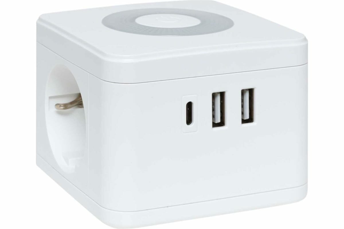 EKF Куб удлинитель с 2 гнездами, USB 2,4 А и Type-C, ночник, 1,3 м, 1 мм2, UBA-CUB-2-TC