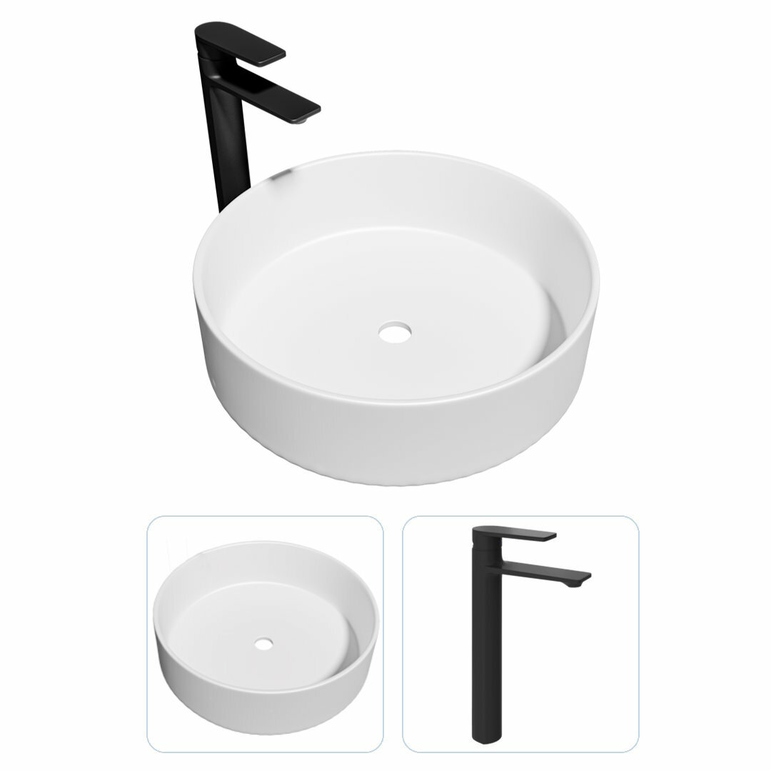 Раковина накладная для ванной Teymi Lina D35 в комплекте смеситель высокий черный матовый F07308