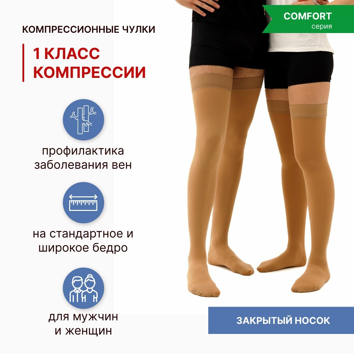 Чулки компрессионные 1 класс женские закрытый носок, широкое бедро (L, карамель, PC-C211W)