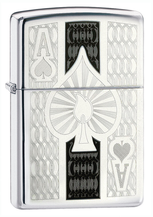 Оригинальная бензиновая зажигалка ZIPPO Ace с покрытием High Polish Chrome, латунь/сталь, серебристая, 38x13x57 мм, не заправленная