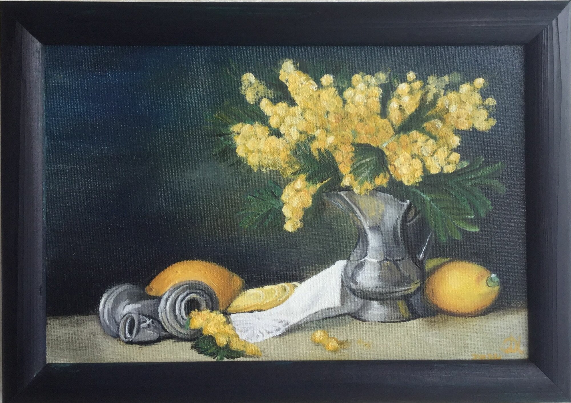 Картина художника Дарьи Ефимовой "Букет мимозы с салфеткой" ручная работа, х/м