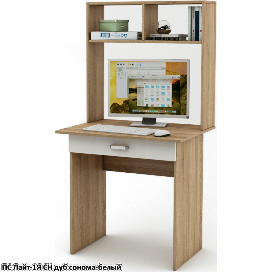 Письменный стол Лайт-1Я с надстройкой Дуб-сонома/Белый, ЛДСП, МФ Владимир VMF, 76,6х149,2х60 см.