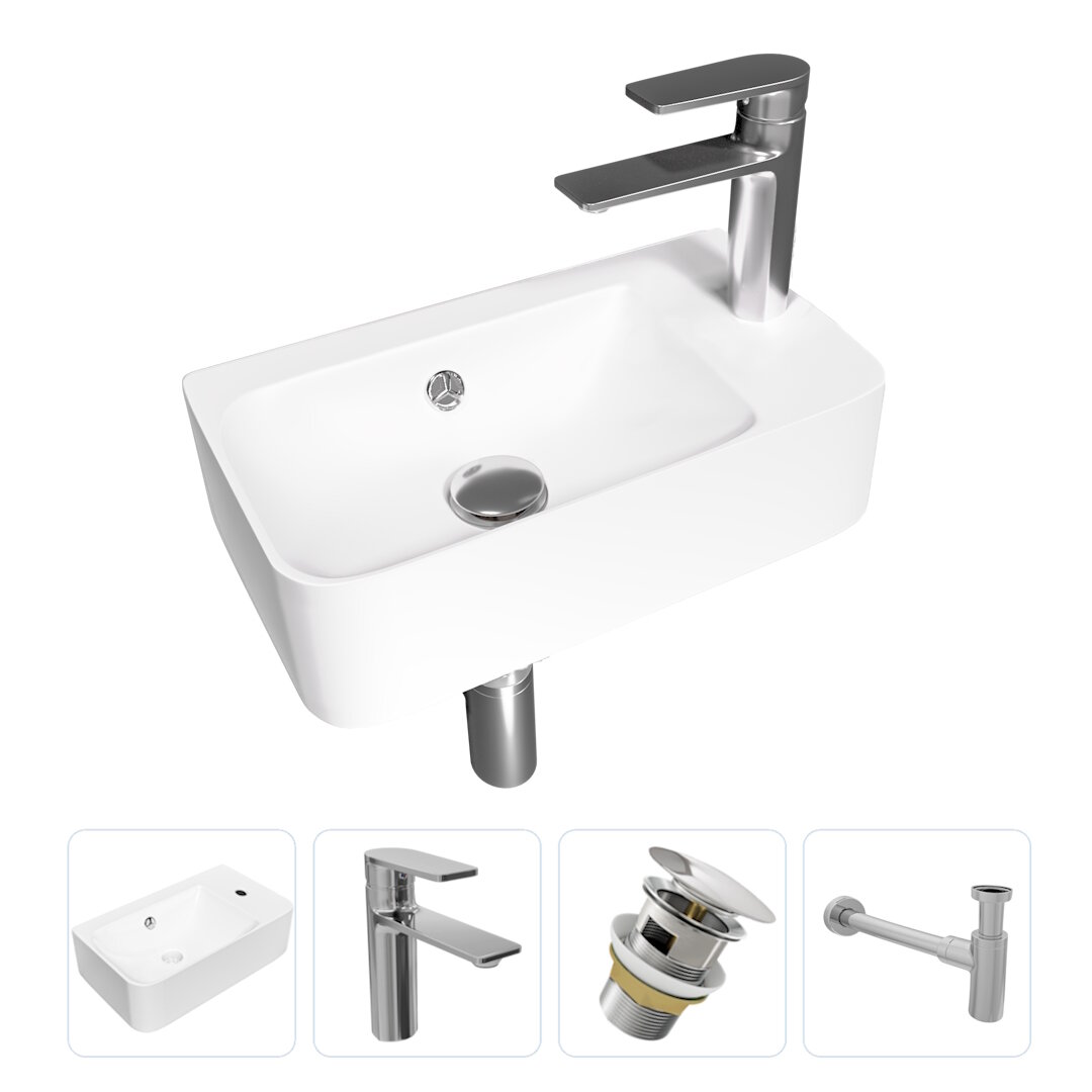 Раковина подвесная для ванной Teymi Hanna 45 правая в комплекте смеситель хром донный клапан клик-клак с переливом хром и сифон хром F13114