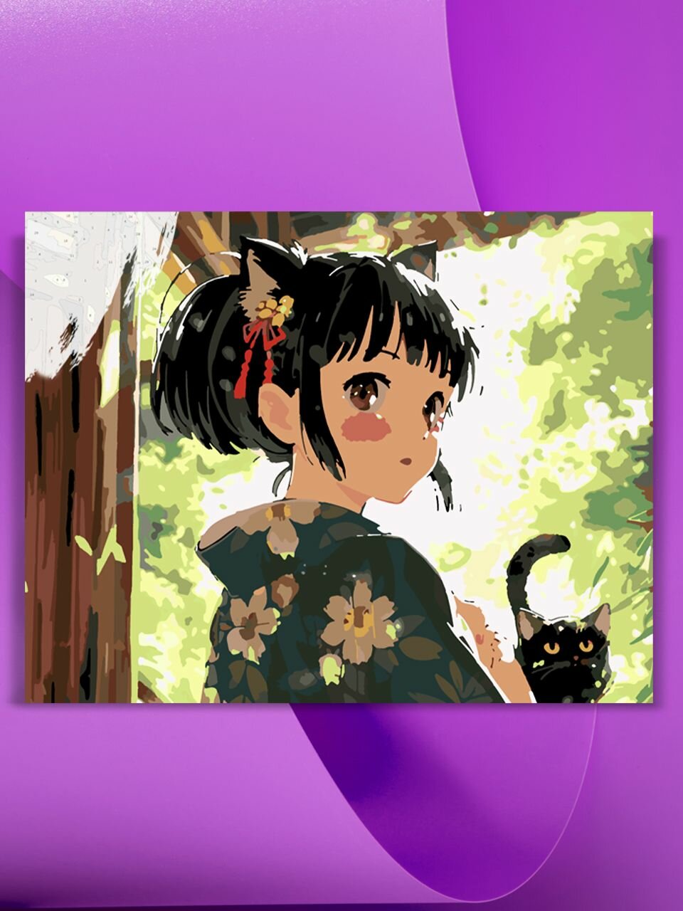 Картина по номерам на холсте Девочка кошка в кимоно, 30 х 40 см