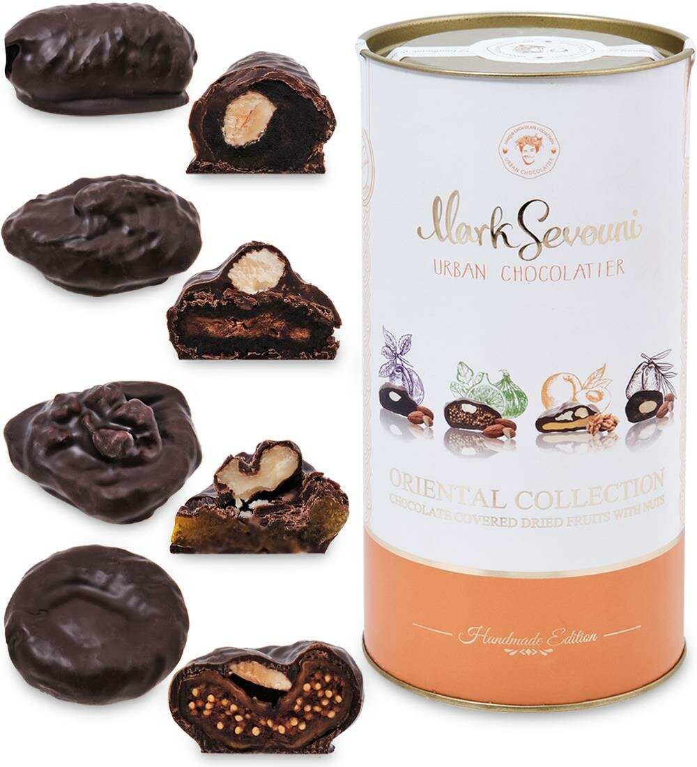 Ассорти сухофруктов в шоколаде "Ориенталь" тубус 225гр (Mark Sevouni) A2189612 Mark Sevouni, сухофрукты с грецким орехом и с миндалем: (финик, инжир сушеный, чернослив без косточки, курага, ядро миндаля жареное, сахар, яд
