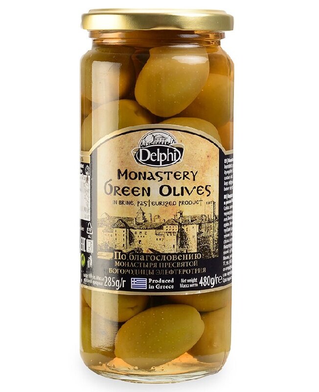 Оливки DELPHI Монастырские с косточкой в рассоле /стекло/ 480г