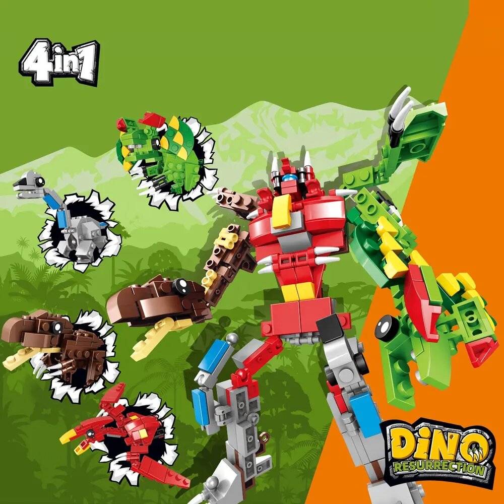 Конструктор 4 в 1 "Динозаврики-Роботы", к-т из 4 наборов 2 в 1, для сборки Большого робота