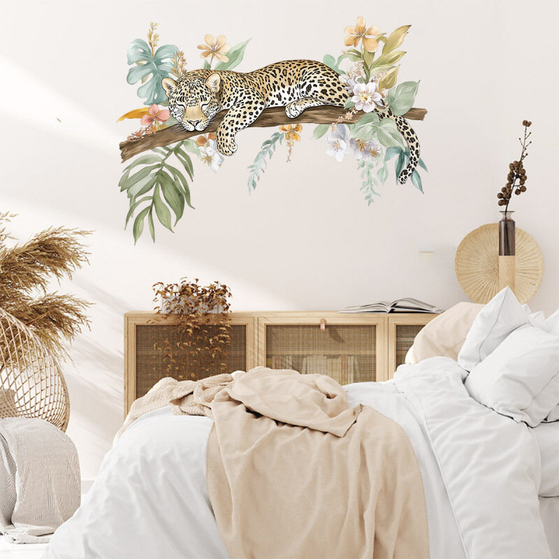 Наклейки на стену с тропическим леопардом, самоклеящиеся ПВХ-наклейки, реалистичный леопард на ветке с цветами, современный декор для гостиной или спальни, 30 x 90 см