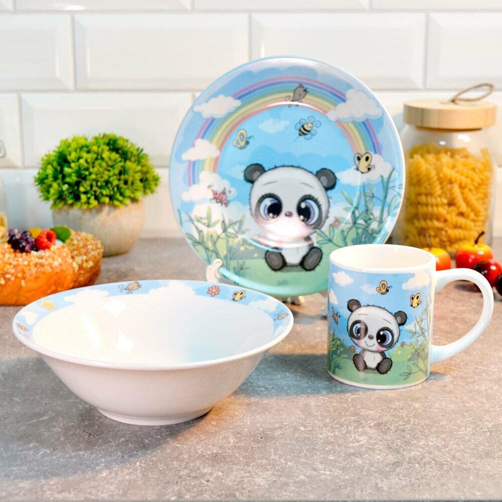 Набор детской посуды 'Панда и бабочки', 3 предмета, фарфор, яркий рисунок