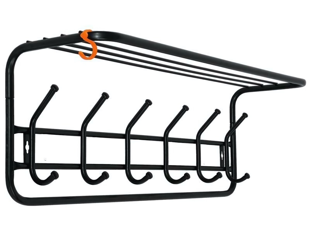 Вешалка настенная с полкой, черная, 6 крючков, сталь, нагрузка до 5 кг