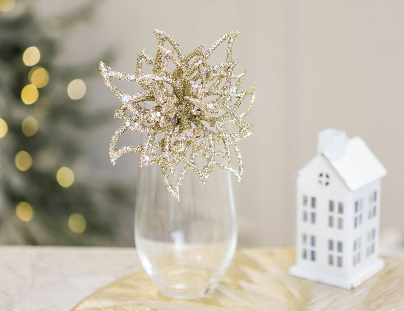 Пуансеттия лучистая на клипсе, шампань, 14х5 см, Kaemingk 629329