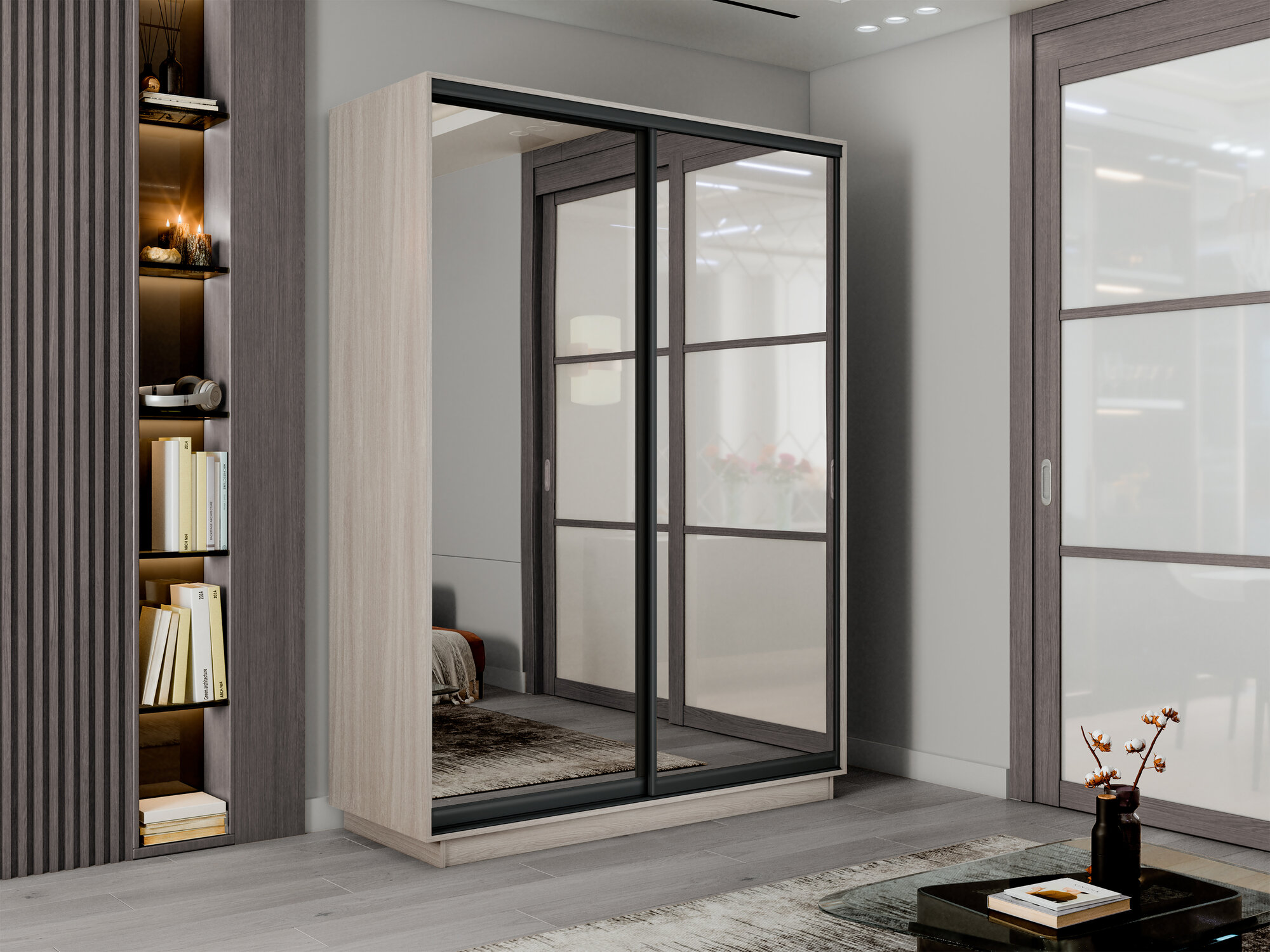 Шкаф купе Вилли 2-х дверный ЛДСП, зеркальные двери, профиль черный 140 см х 220 см х 60 см (Ясень шимо-светлый)