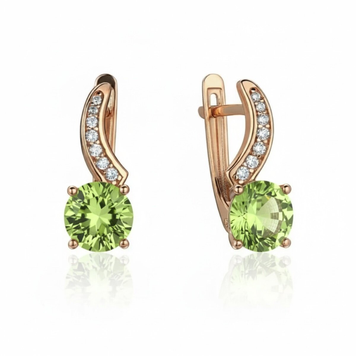 Серьги, красное золото, 585 проба, хризолит, фианит