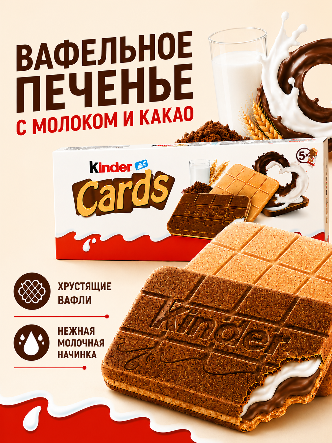 Печенье Kinder Cards, шоколадно-молочный вкус, 128г
