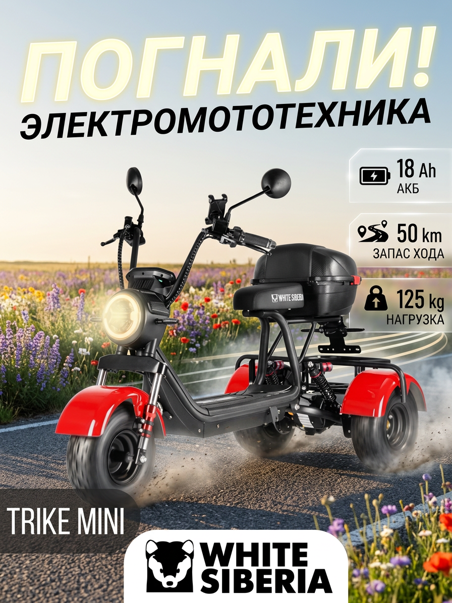 Электроскутер для взрослых White Siberia Trike Mini RED, трёхколёсный, 1500w, 48V/18Ah, 6.5", 40км/ч, до 50км пробега!