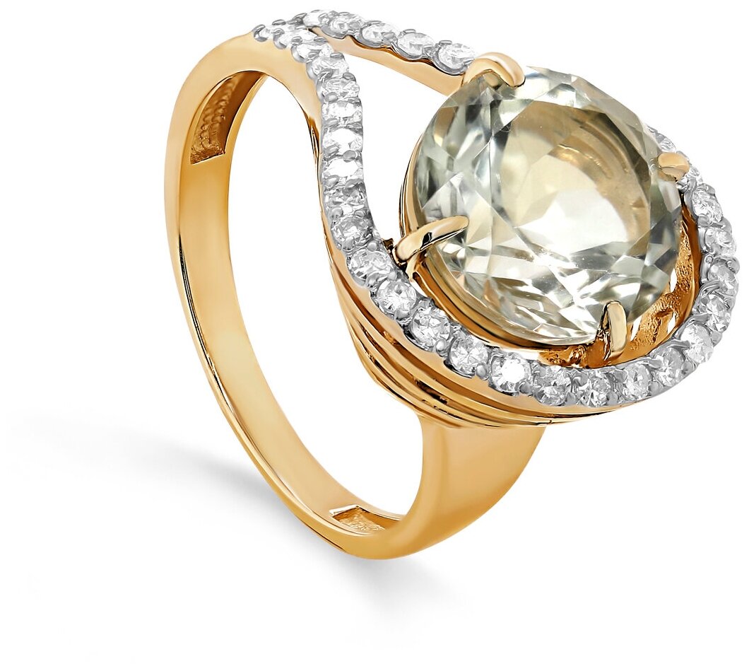 Кольцо, желтое золото, 585 проба, бриллиант, празиолит