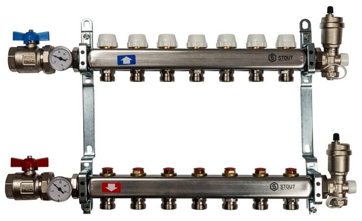 Распределительный коллектор Stout SMS в сборе с регулирующими вставками на 7 контуров 1"х3/4"