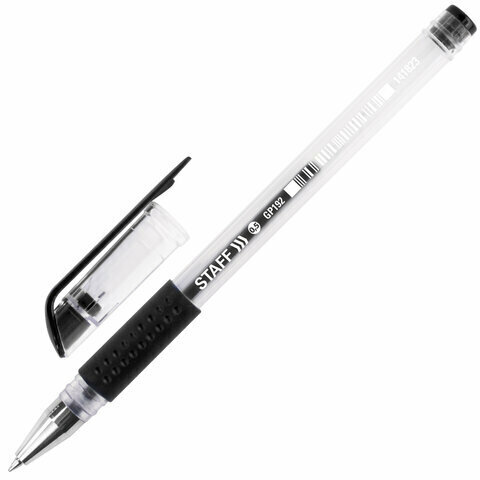 Ручка гелевая 36 шт. с грипом STAFF "EVERYDAY" GP-192, черная, корпус прозрачный, узел 0,5 мм, линия письма 0,35 мм, 141823