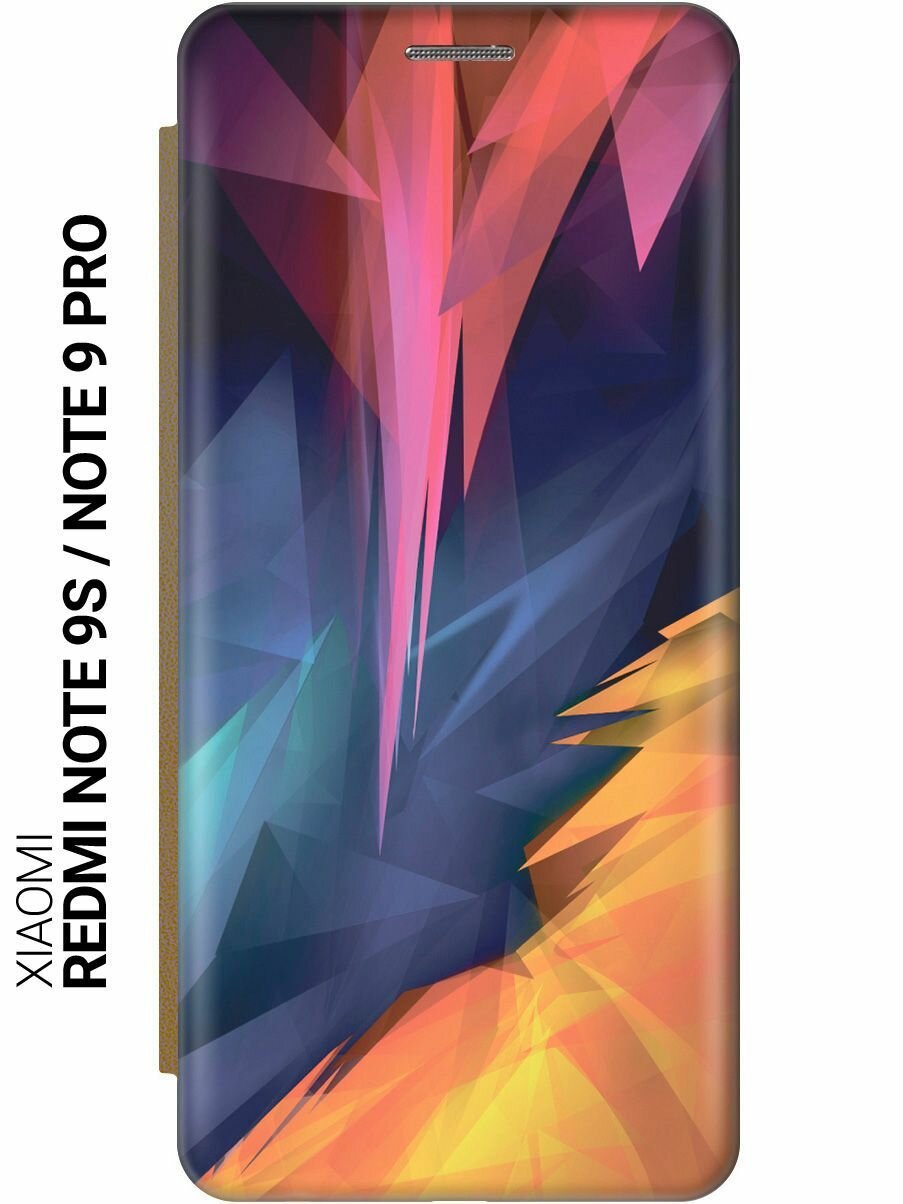 Чехол-книжка на Xiaomi Redmi Note 9s, Note 9 Pro, Сяоми Редми Ноут 9с, Ноут 9 Про c принтом "Розовый, синий, желтый" золотистый