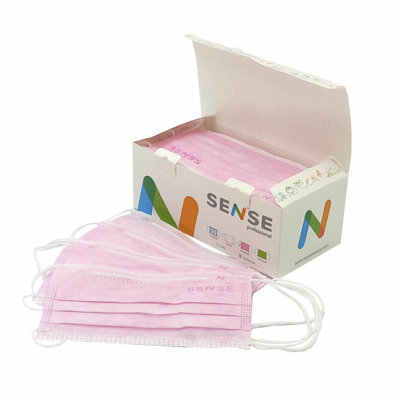 Маска медицинская 3-х сл, резинка, розовый, Sense, картон 50шт/уп, 1675984