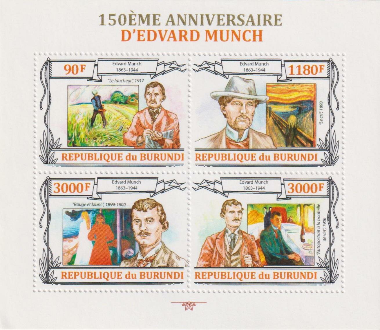 Почтовые марки Бурунди 2013г. "150 лет со дня рождения Эдварда Мунка" Художники, Картины MNH