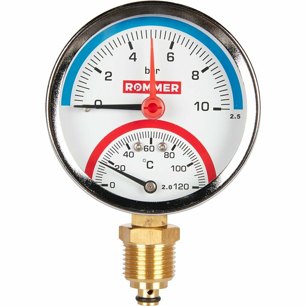 Термоманометр радиальный D = 80, подкл. 1/2", до 10 бар, с автомат. запорным клапаном, ROMMER