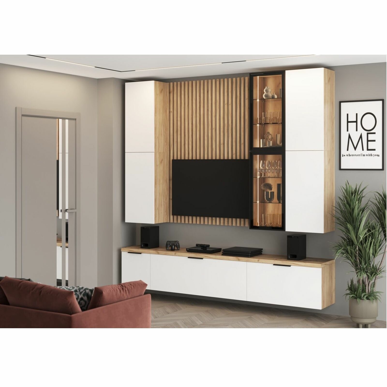 Гостиная МК Стиль YourHouse 2400х2000х382, Дуб крафт золотой/Белый глянец, комплект из 9-ти предметов