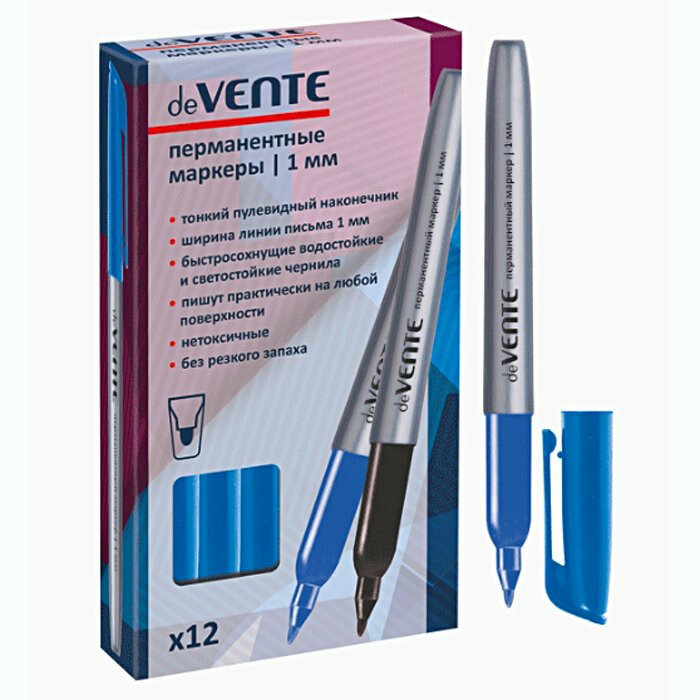 Маркер перманентный deVENTE круглый 1мм синий, с клипом арт.5043801. Количество в наборе 24 шт.
