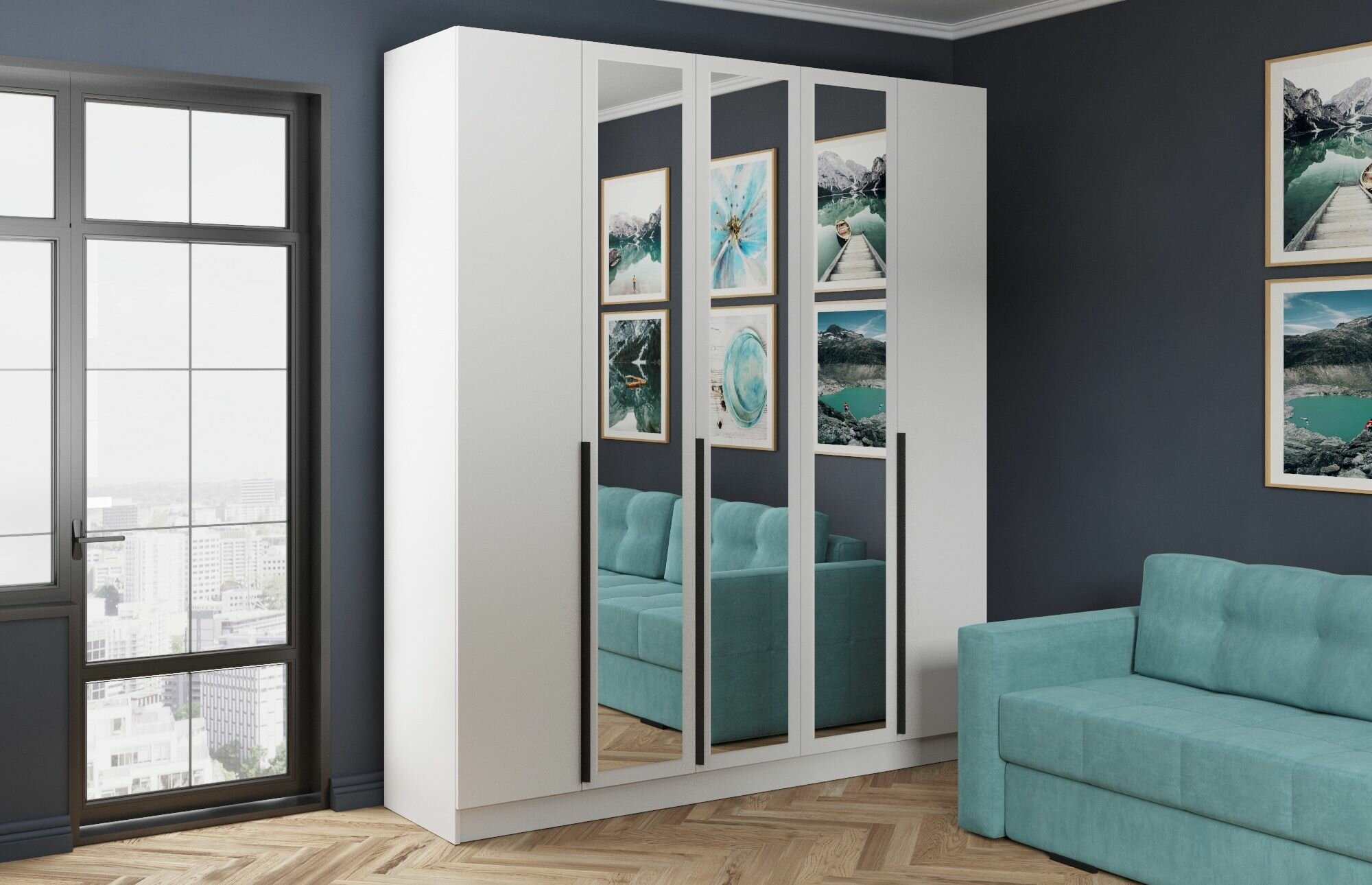 Шкаф Micon "Мадрид", белый, ЛДСП, с зеркалами, распашной, 200x230x52 см