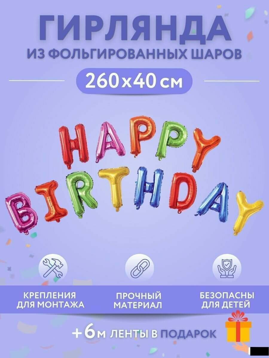 Надпись-гирлянда из воздушных шаров HAPPY BIRTHDAY в надутом виде для фотозоны - цветная 1шт