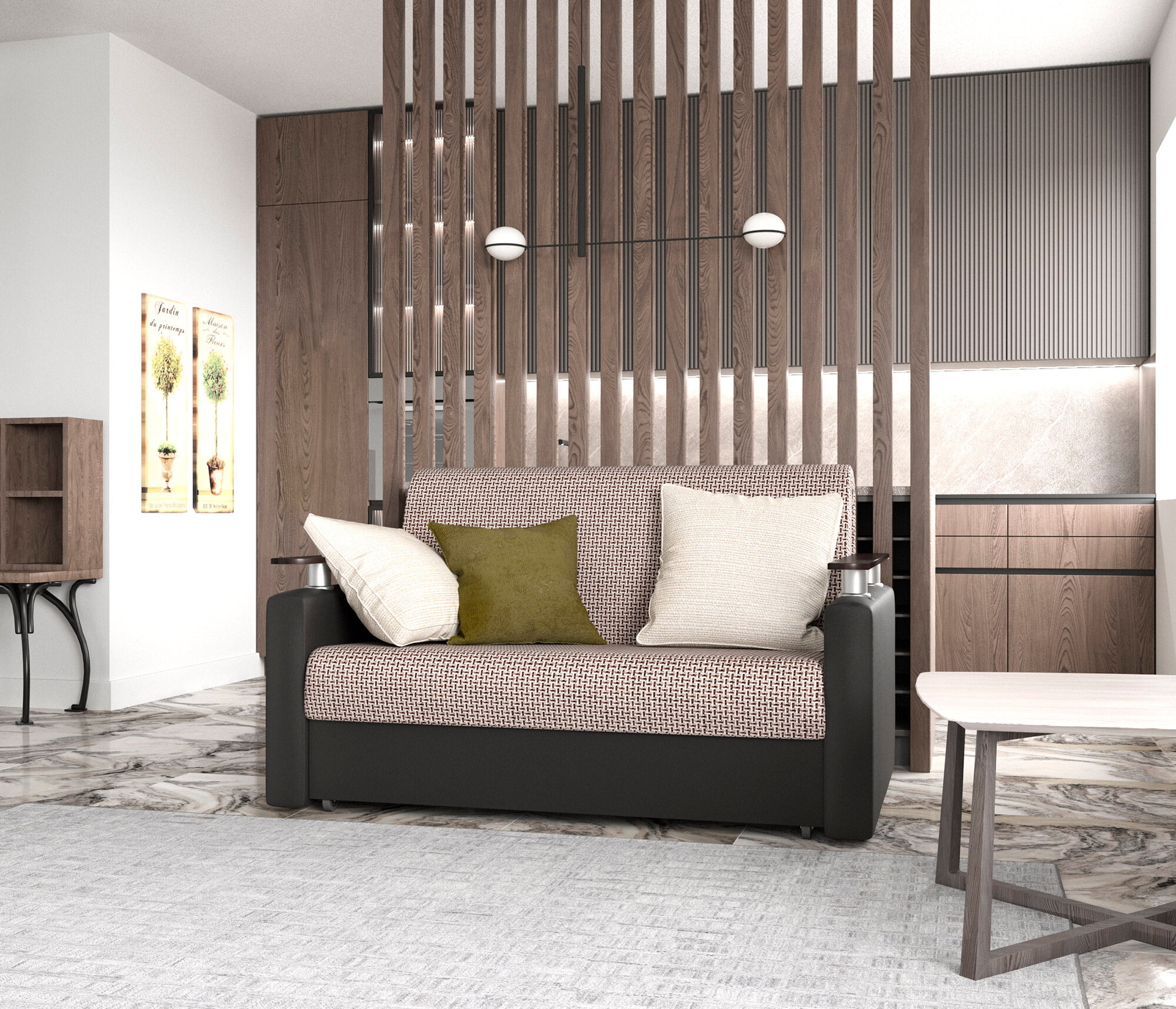 Диван-кровать, 90х194 см, прямой, раскладной, аккордеон, Корфу беж и экокожа шоколад