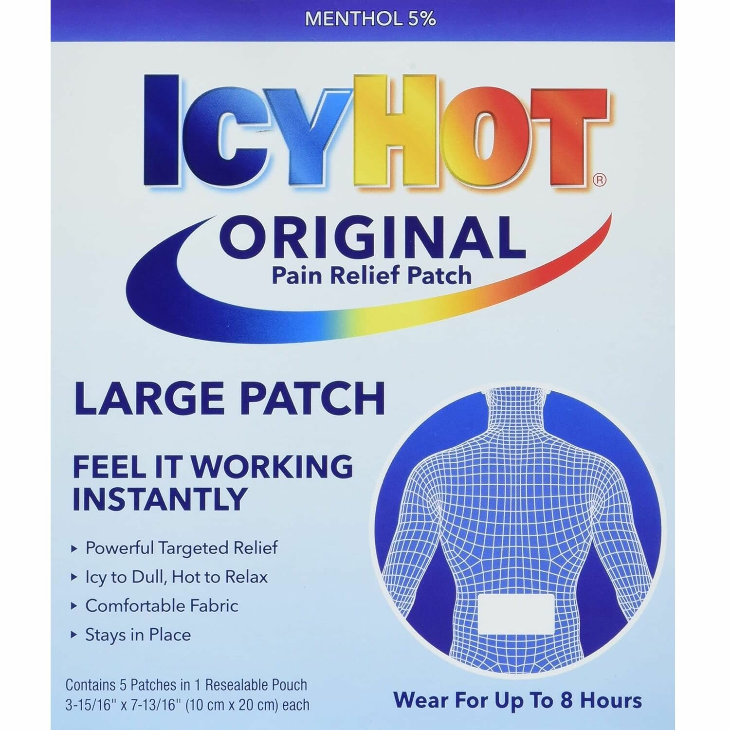 Icy Hot Пластырь лечебный обезболивающий с ментолом, большой размер 10х20 см, 5 штук в упаковке