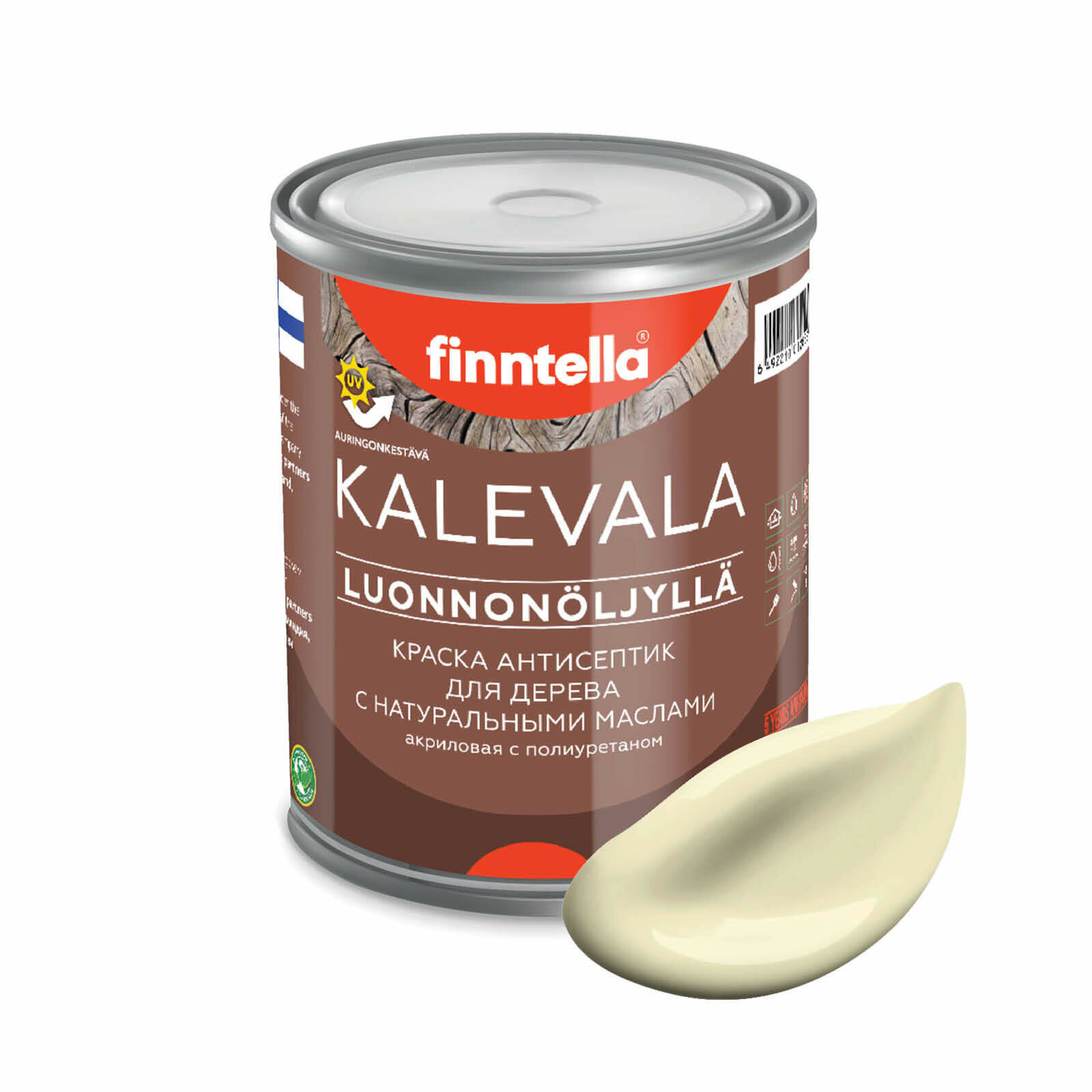 Краска для дерева и деревянных фасадов FINNTELLA KALEVALA, с натуральным маслом и полиуретаном, цвет IVORY (Светло-жёлтый) , 0,9л