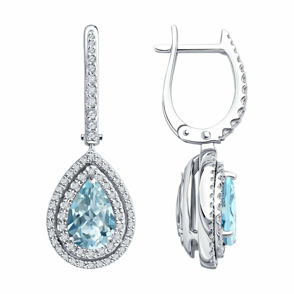 Серьги с подвесками, белое золото, 585 проба, аквамарин, бриллиант