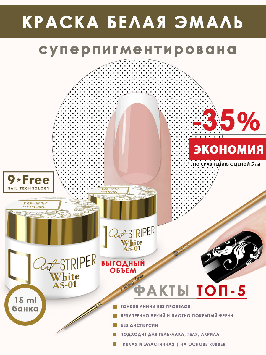 Nail Club professional Гель-краска без липкого слоя для тонких и суперплотных линий, цвет белый AS-01 White, 15 мл.