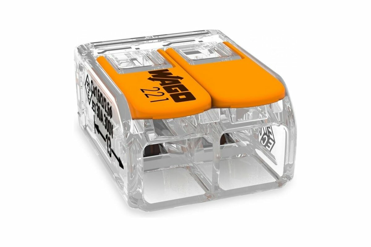 WAGO 221-612 рычажная клемма двухполюсная 0,5–6 мм², 450 В, 41 А, 3 шт, код 41603