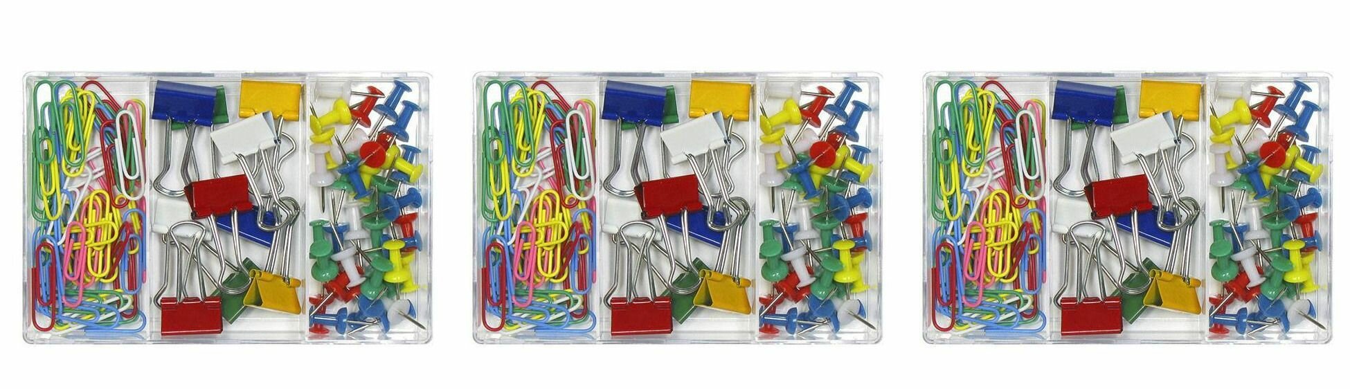 Globus Набор Канцелярские cкрепки, 28 мм, 50 шт/уп + Зажимы для бумаги, 19 мм, 10 шт/уп + Кнопки силовые, 40 шт/уп + Пластиковый бокс, 3 уп