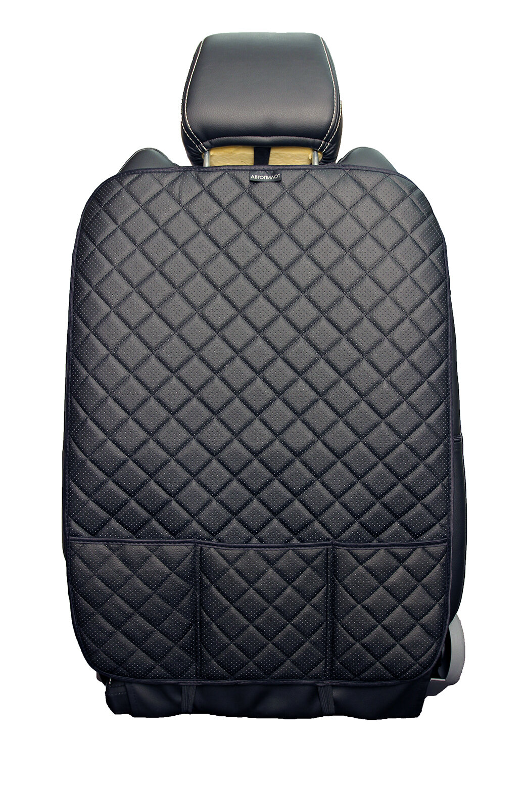 Накидка на спинку сидения / чехол органайзер на спинку сиденья с карманами, из экокожи, 3 кармана, черный с черной строчкой