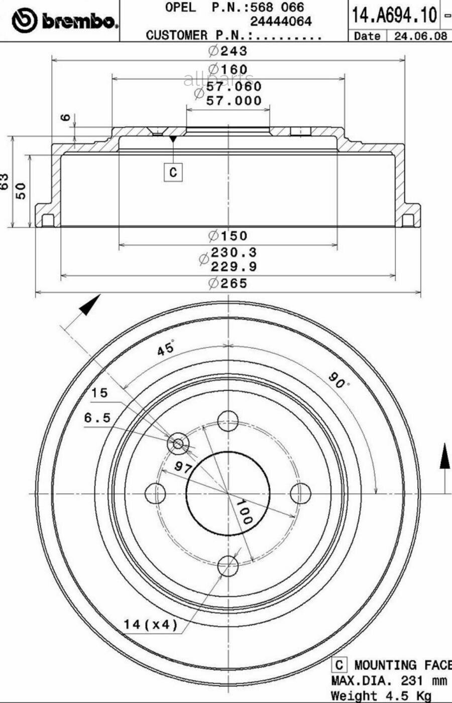 BREMBO 14. A694.10 Барабан тормозной задн. OPEL ASTRA H (L48) 01/04-05/14 / OPEL ASTRA H Box (L70) 02/04-12/13 / OPEL A