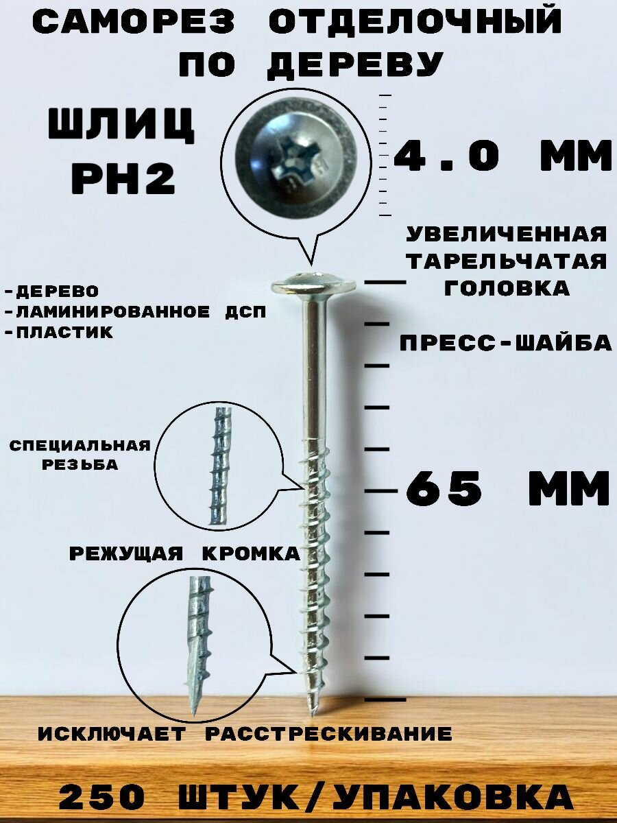 Саморез с увеличенной головкой (прессшайбой) и наконечником тип 17, отделочные, для дерева 4,0*65 мм, тарельчатая головка, 250 шт.